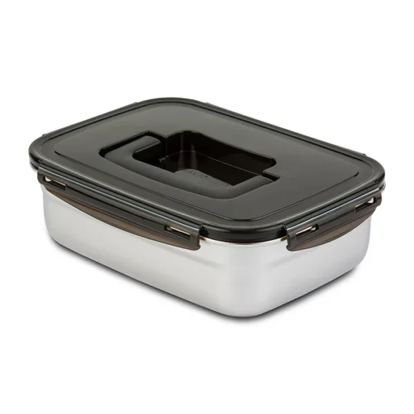 Rectangular stainless steel food container with plastic lid and handle ...